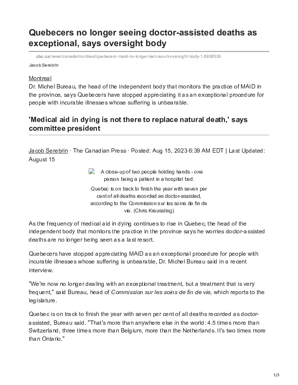 Shared post - CBC: “Quebecers no longer seeing doctor-assisted deaths ...