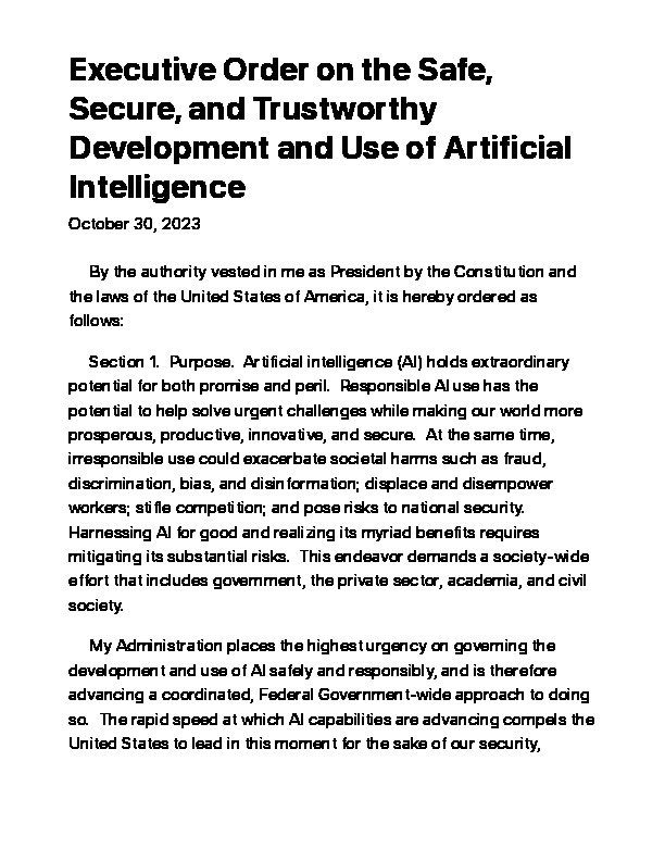 Shared post - US executive order by Biden: “Executive Order on the Safe ...