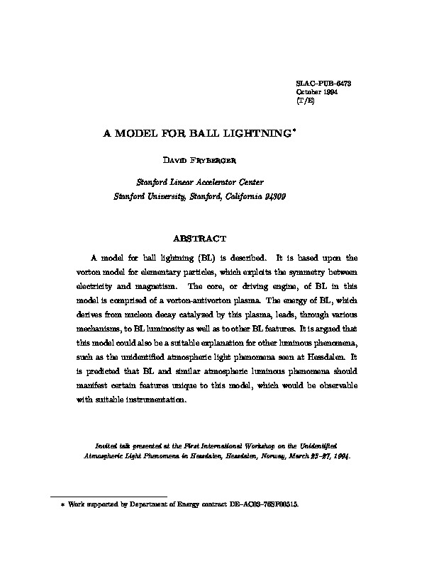 Shared post - Physics: David Fryberger: “A MODEL FOR BALL LIGHTNING”