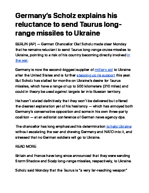 Shared post - AP: “Germany’s Scholz explains his reluctance to send ...