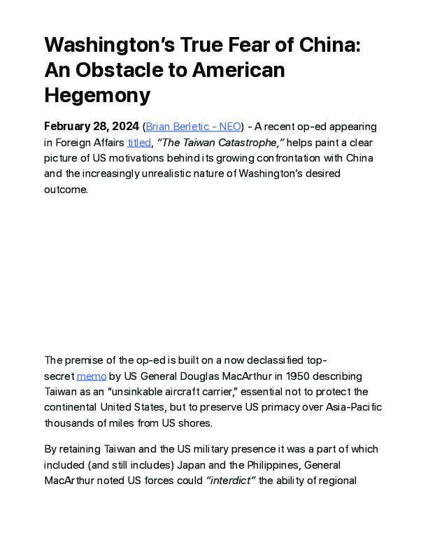 Shared post - Brian Berletic: “Washington’s True Fear of China: An Obstacle to American Hegemony”