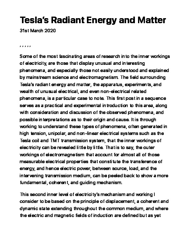 Shared post - Physics: Adrian Marsh: “Tesla’s Radiant Energy and Matter”