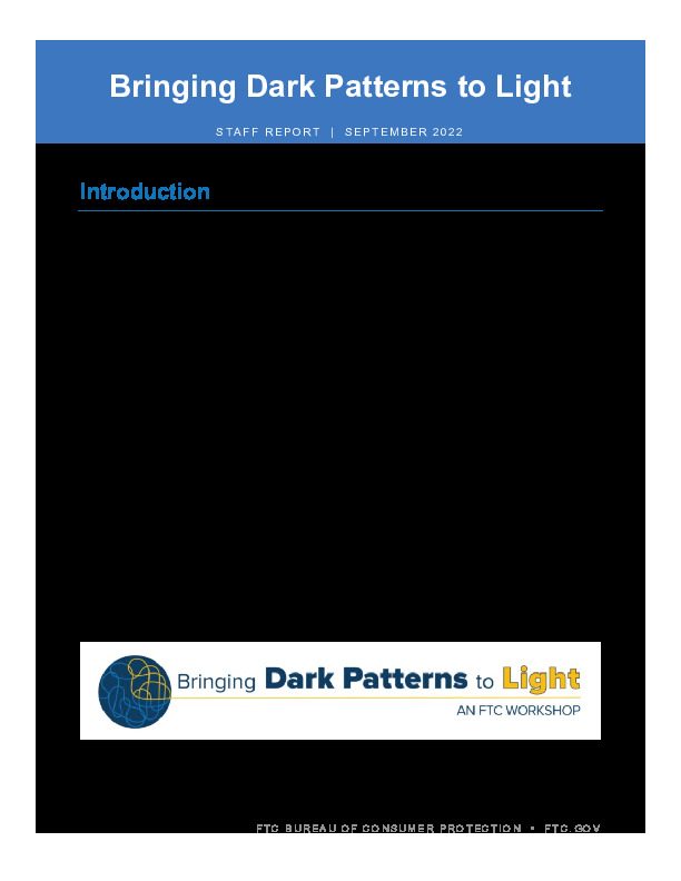 Shared post - FTC Report - Bringing Dark Patterns to Light