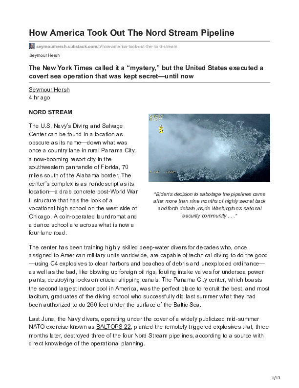 Shared post - Semour Hersh: “How America Took Out The Nord Stream Pipeline“