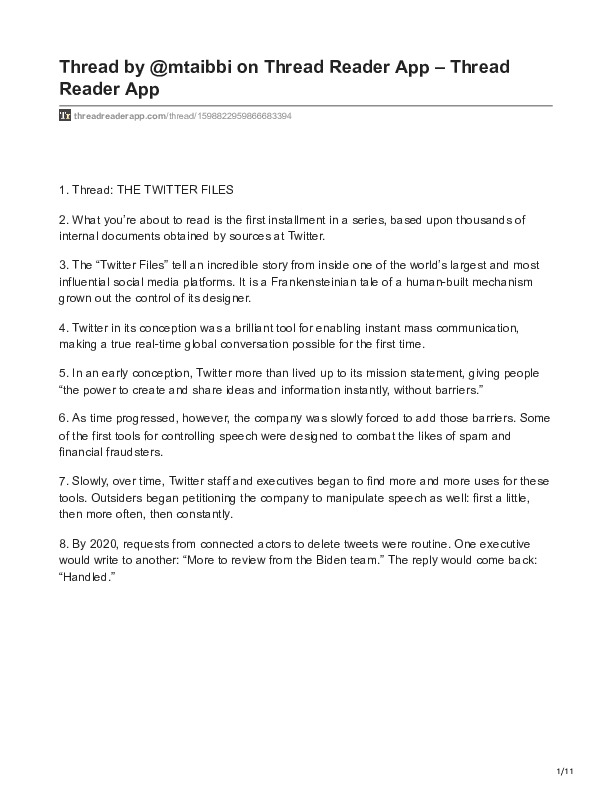 Shared post - “The Twitter Files” complete thread text and PDF