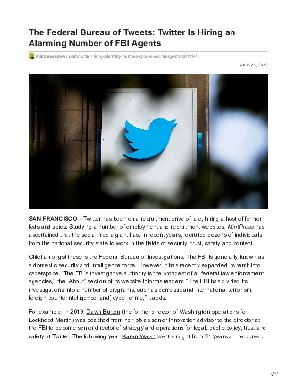 Shared post - Alan MacLeod: "The Federal Bureau of Tweets: Twitter Is ...